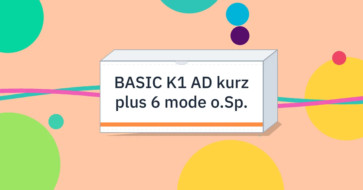Symbolbild: Packung mit der Aufschrift BASIC K1 AD kurz plus 6 mode o.Sp. (PZN 20259438) – Verfügbarkeit und Bezug in Apotheken in Frankfurt am Main