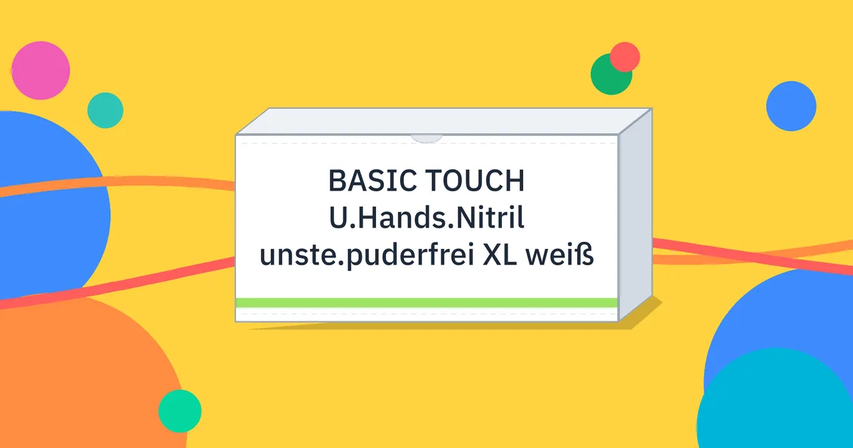 Symbolbild: Packung mit der Aufschrift BASIC TOUCH U.Hands.Nitril unste.puderfrei XL weiß (PZN 15257526) – Verfügbarkeit und Bezug in Apotheken in Frankfurt am Main