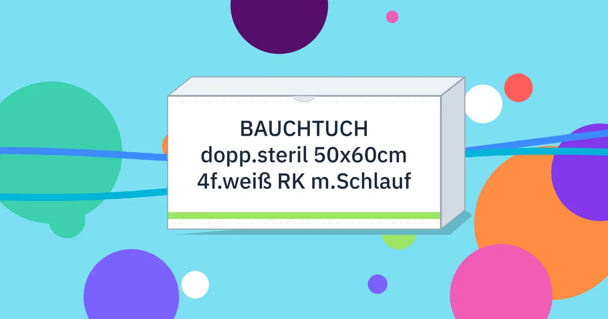 Symbolbild: Packung mit der Aufschrift BAUCHTUCH dopp.steril 50x60cm 4f.weiß RK m.Schlauf (PZN 13166423) – Verfügbarkeit und Bezug in Apotheken in Frankfurt am Main