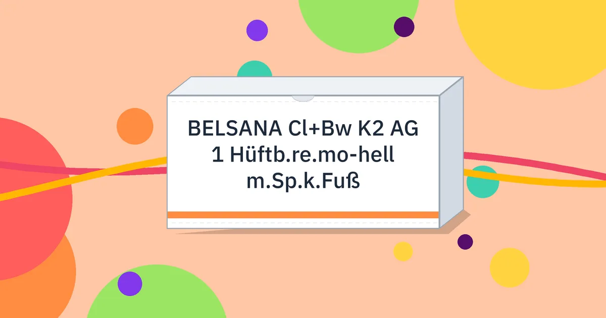 Symbolbild: Packung mit der Aufschrift BELSANA Cl+Bw K2 AG 1 Hüftb.re.mo-hell m.Sp.k.Fuß (PZN 12253858) – Verfügbarkeit und Bezug in Apotheken in Frankfurt am Main