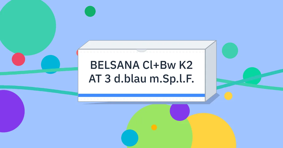 Symbolbild: Packung mit der Aufschrift BELSANA Cl+Bw K2 AT 3 d.blau m.Sp.l.F. (PZN 15627845) – Verfügbarkeit und Bezug in Apotheken in Frankfurt am Main