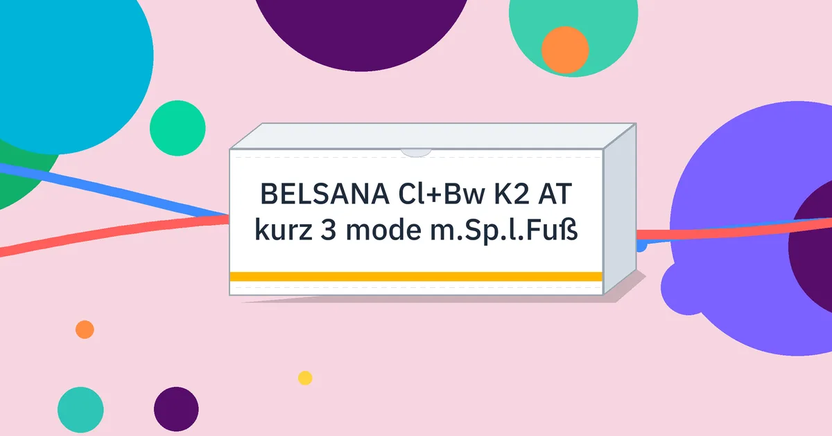 Symbolbild: Packung mit der Aufschrift BELSANA Cl+Bw K2 AT kurz 3 mode m.Sp.l.Fuß (PZN 12249673) – Verfügbarkeit und Bezug in Apotheken in Frankfurt am Main