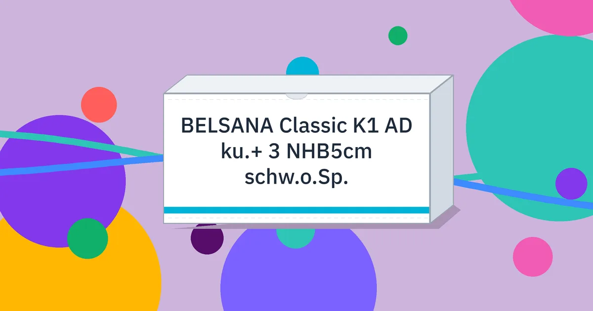 Symbolbild: Packung mit der Aufschrift BELSANA Classic K1 AD ku.+ 3 NHB5cm schw.o.Sp. (PZN 19255352) – Verfügbarkeit und Bezug in Apotheken in Frankfurt am Main
