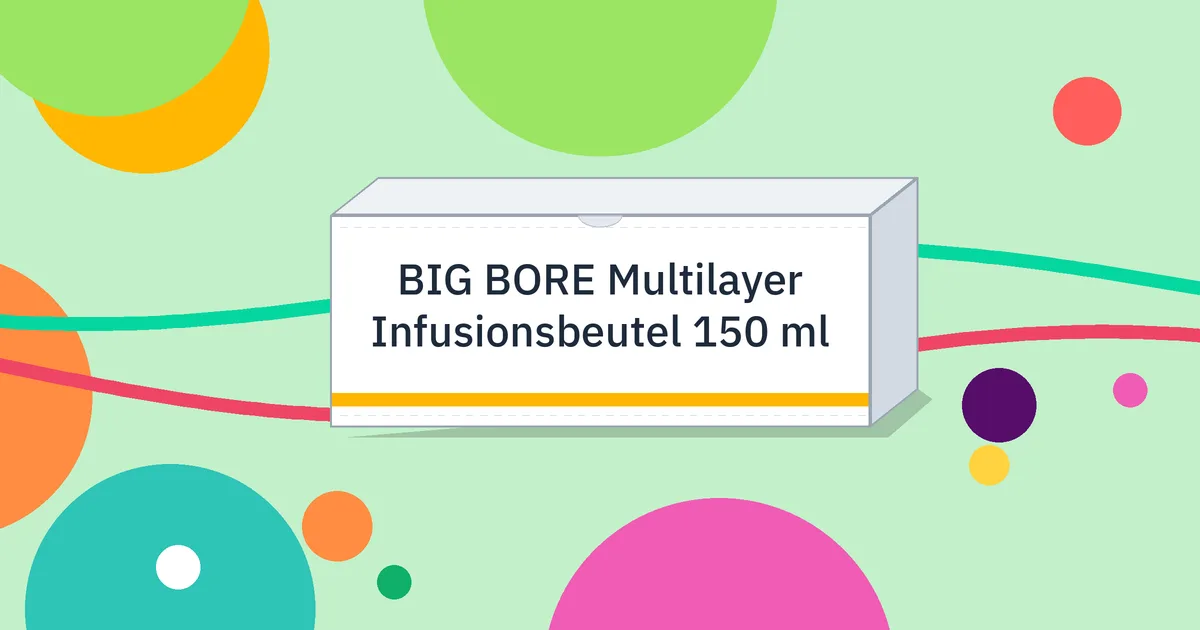 Symbolbild: Packung mit der Aufschrift BIG BORE Multilayer Infusionsbeutel 150 ml (PZN 11482404) – Verfügbarkeit und Bezug in Apotheken in Frankfurt am Main