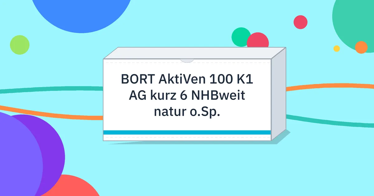 Symbolbild: Packung mit der Aufschrift BORT AktiVen 100 K1 AG kurz 6 NHBweit natur o.Sp. (PZN 13729665) – Verfügbarkeit und Bezug in Apotheken in Frankfurt am Main