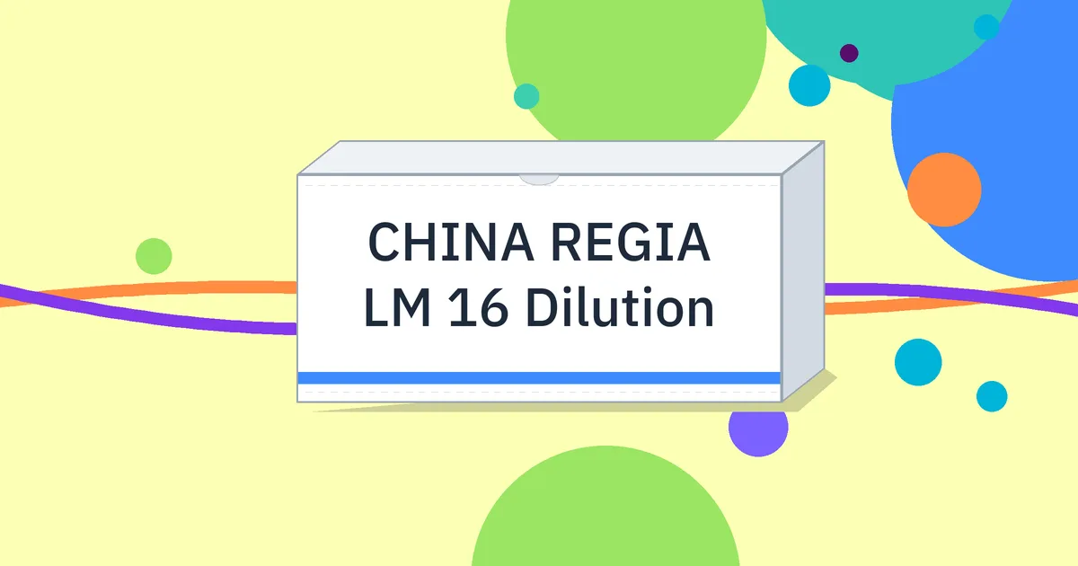 Symbolbild: Packung mit der Aufschrift CHINA REGIA LM 16 Dilution (PZN 12814328) – Verfügbarkeit und Bezug in Apotheken in Frankfurt am Main