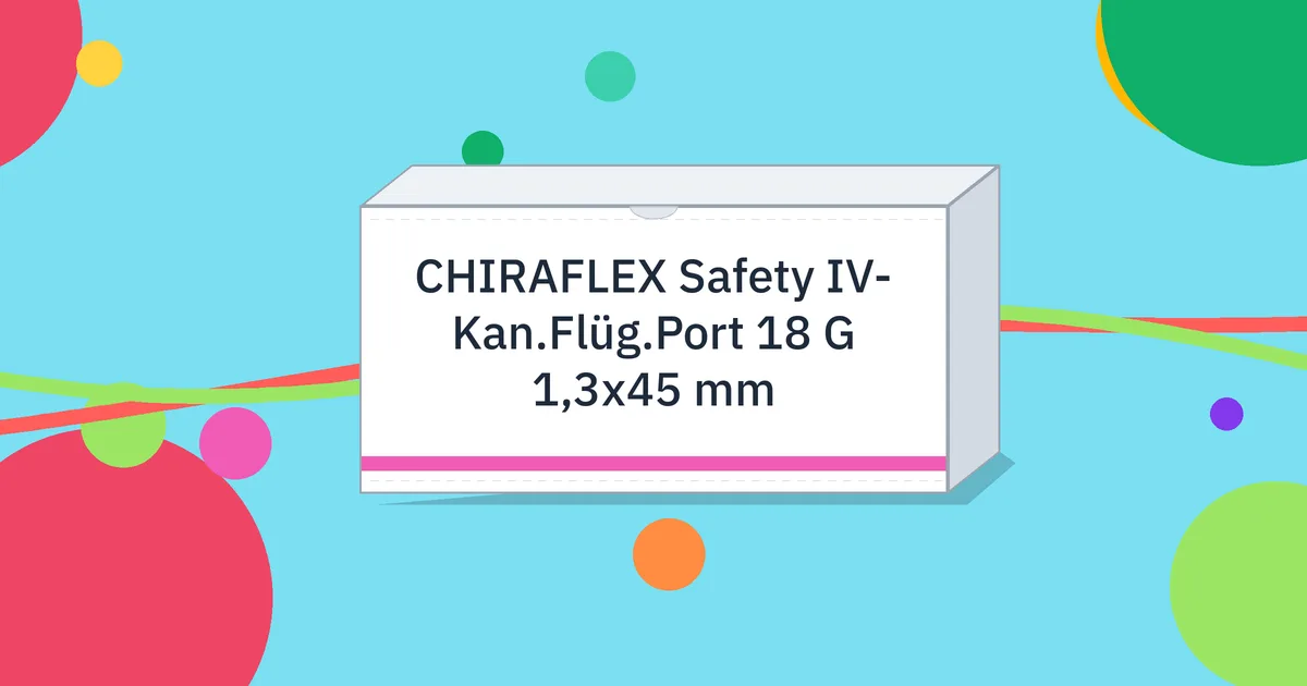 Symbolbild: Packung mit der Aufschrift CHIRAFLEX Safety IV-Kan.Flüg.Port 18 G 1,3x45 mm (PZN 17253136) – Verfügbarkeit und Bezug in Apotheken in Frankfurt am Main
