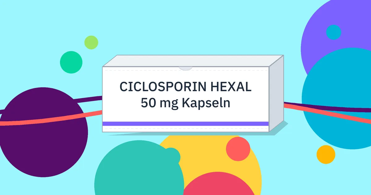 Symbolbild: Packung mit der Aufschrift CICLOSPORIN HEXAL 50 mg Kapseln (PZN 00757536) – Verfügbarkeit und Bezug in Apotheken in Frankfurt am Main