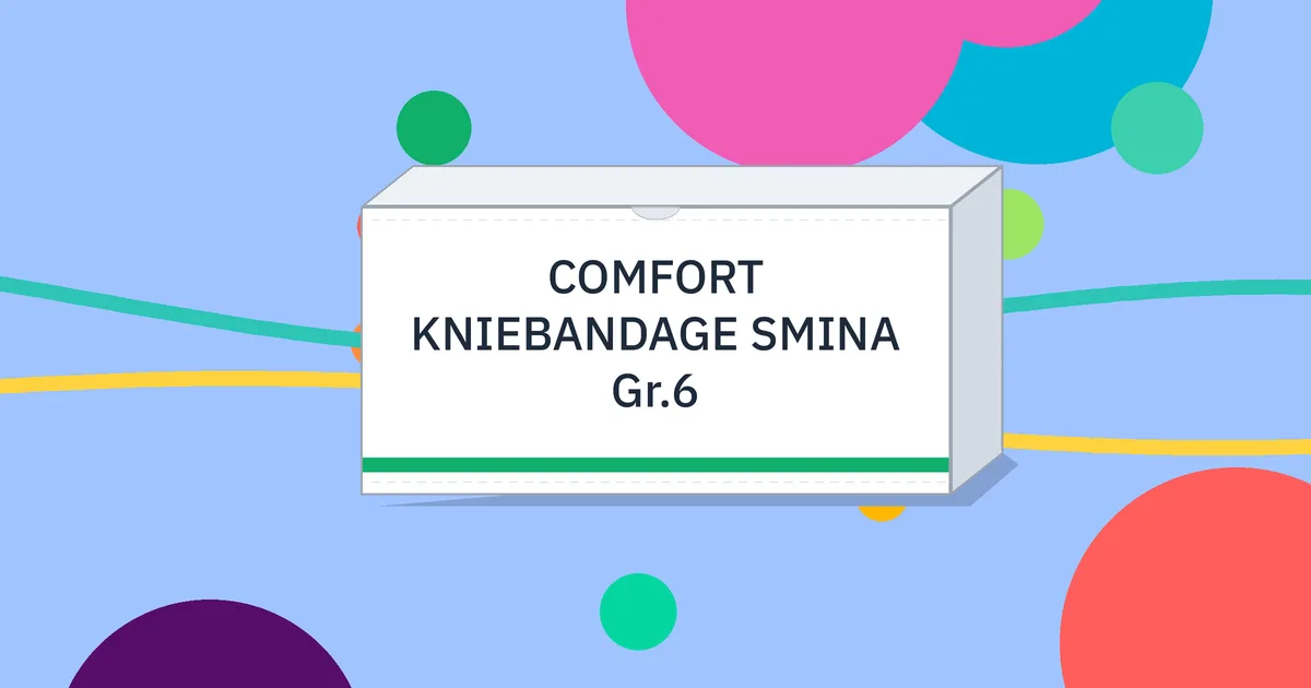 Symbolbild: Packung mit der Aufschrift COMFORT KNIEBANDAGE SMINA Gr.6 (PZN 20163023) – Verfügbarkeit und Bezug in Apotheken in Frankfurt am Main