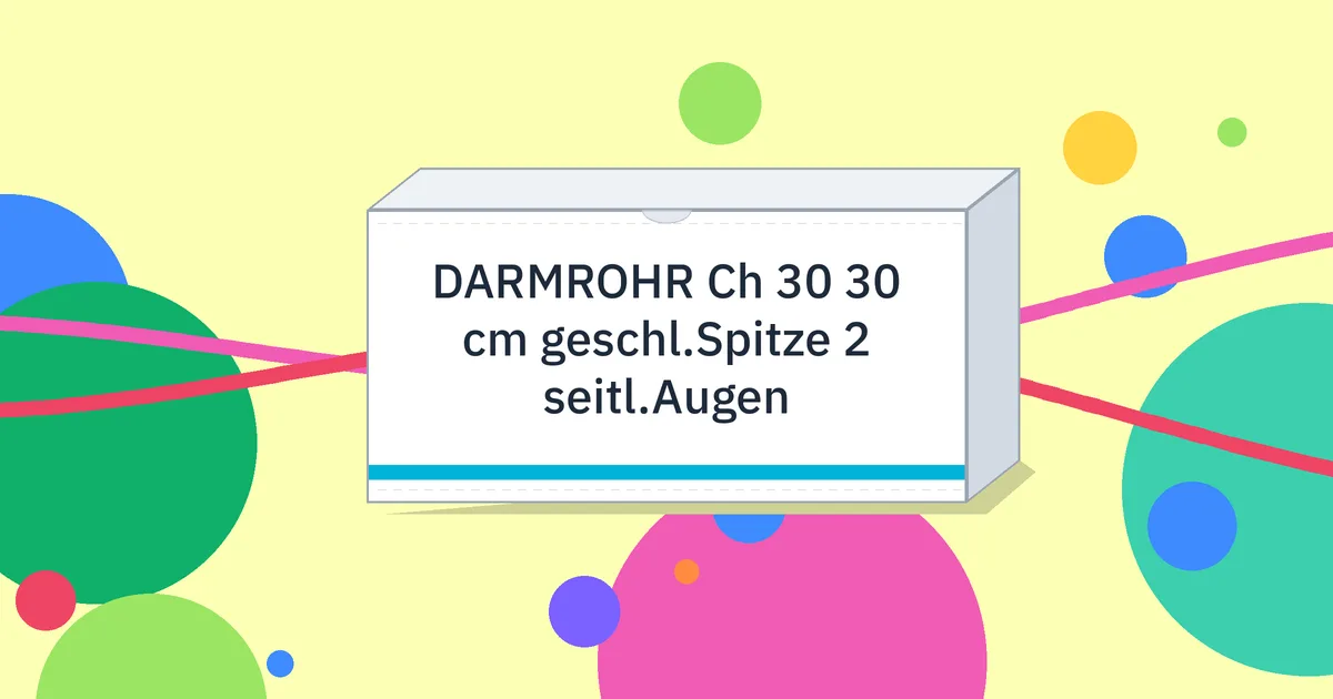 Symbolbild: Packung mit der Aufschrift DARMROHR Ch 30 30 cm geschl.Spitze 2 seitl.Augen (PZN 09092038) – Verfügbarkeit und Bezug in Apotheken in Frankfurt am Main