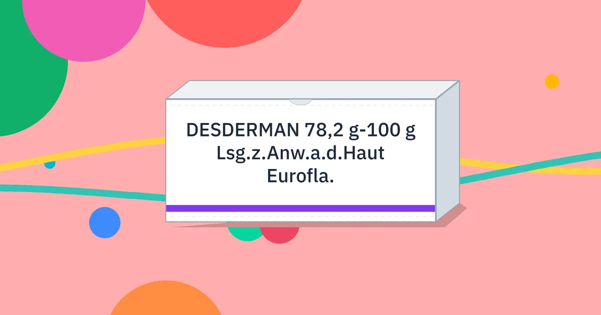 Symbolbild: Packung mit der Aufschrift DESDERMAN 78,2 g-100 g Lsg.z.Anw.a.d.Haut Eurofla. (PZN 16794195) – Verfügbarkeit und Bezug in Apotheken in Frankfurt am Main
