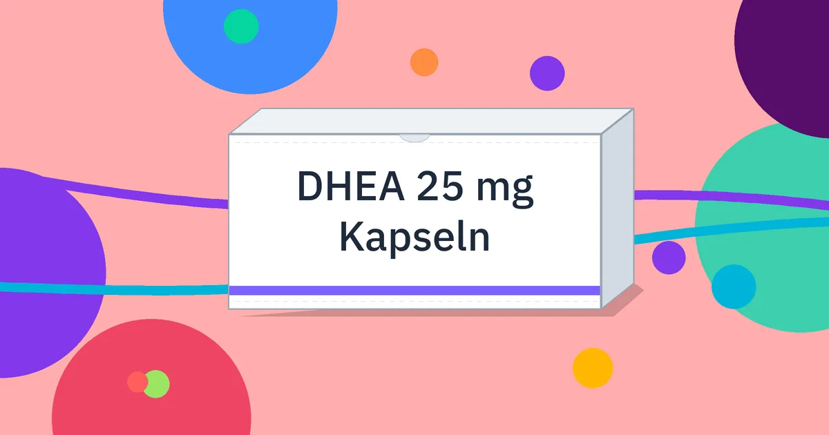 Symbolbild: Packung mit der Aufschrift DHEA 25 mg Kapseln (PZN 18398807) – Verfügbarkeit und Bezug in Apotheken in Frankfurt am Main