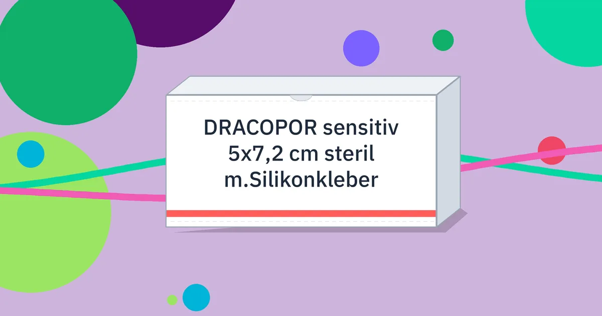 Symbolbild: Packung mit der Aufschrift DRACOPOR sensitiv 5x7,2 cm steril m.Silikonkleber (PZN 19075963) – Verfügbarkeit und Bezug in Apotheken in Frankfurt am Main