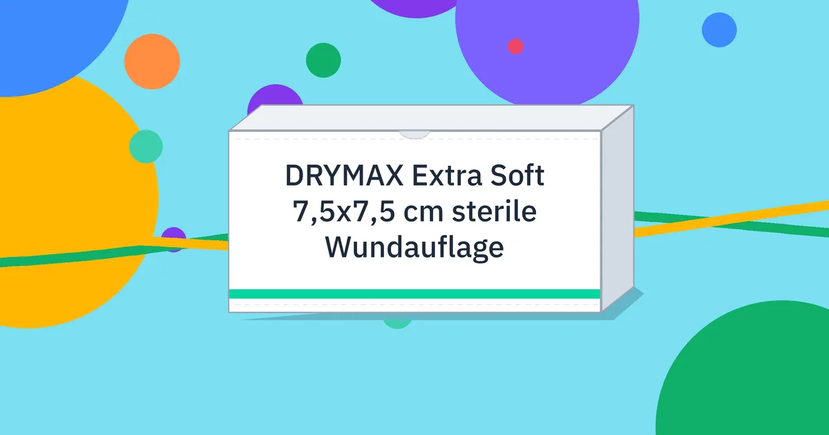 Symbolbild: Packung mit der Aufschrift DRYMAX Extra Soft 7,5x7,5 cm sterile Wundauflage (PZN 14360765) – Verfügbarkeit und Bezug in Apotheken in Frankfurt am Main