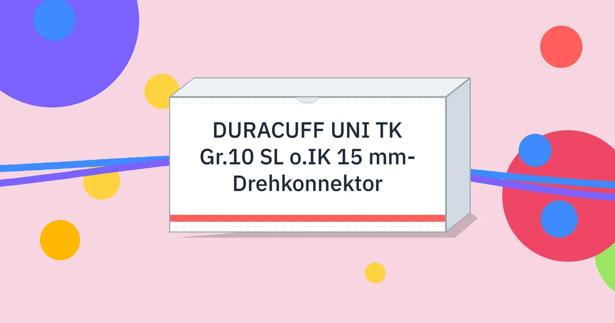 Symbolbild: Packung mit der Aufschrift DURACUFF UNI TK Gr.10 SL o.IK 15 mm-Drehkonnektor (PZN 04958421) – Verfügbarkeit und Bezug in Apotheken in Frankfurt am Main