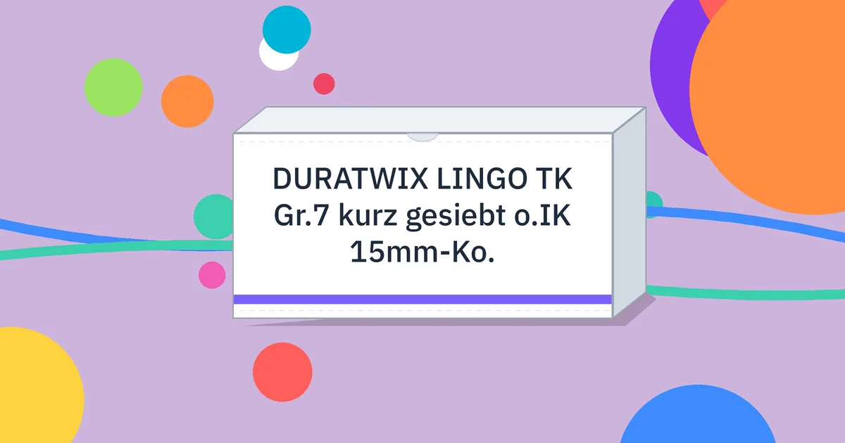 Symbolbild: Packung mit der Aufschrift DURATWIX LINGO TK Gr.7 kurz gesiebt o.IK 15mm-Ko. (PZN 06971472) – Verfügbarkeit und Bezug in Apotheken in Frankfurt am Main