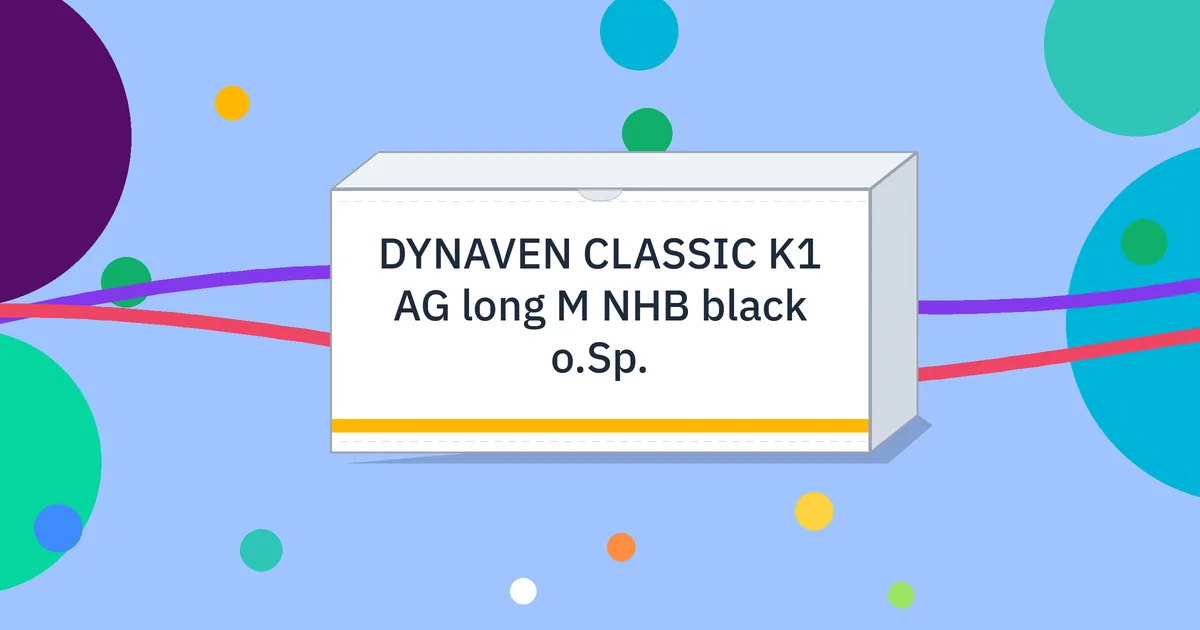 Symbolbild: Packung mit der Aufschrift DYNAVEN CLASSIC K1 AG long M NHB black o.Sp. (PZN 18415368) – Verfügbarkeit und Bezug in Apotheken in Frankfurt am Main