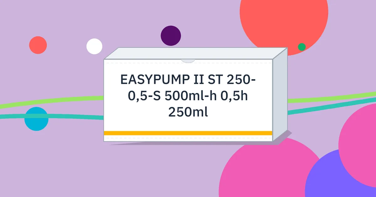 Symbolbild: Packung mit der Aufschrift EASYPUMP II ST 250-0,5-S 500ml-h 0,5h 250ml (PZN 09390965) – Verfügbarkeit und Bezug in Apotheken in Frankfurt am Main