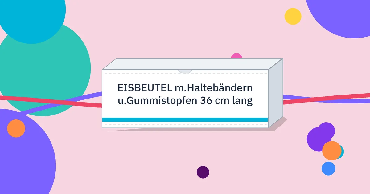 Symbolbild: Packung mit der Aufschrift EISBEUTEL m.Haltebändern u.Gummistopfen 36 cm lang (PZN 17876699) – Verfügbarkeit und Bezug in Apotheken in Frankfurt am Main