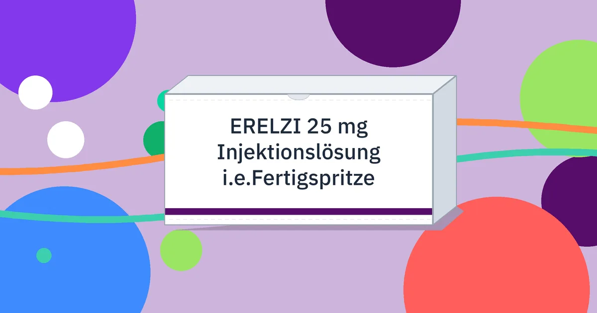 Symbolbild: Packung mit der Aufschrift ERELZI 25 mg Injektionslösung i.e.Fertigspritze (PZN 11594304) – Verfügbarkeit und Bezug in Apotheken in Frankfurt am Main