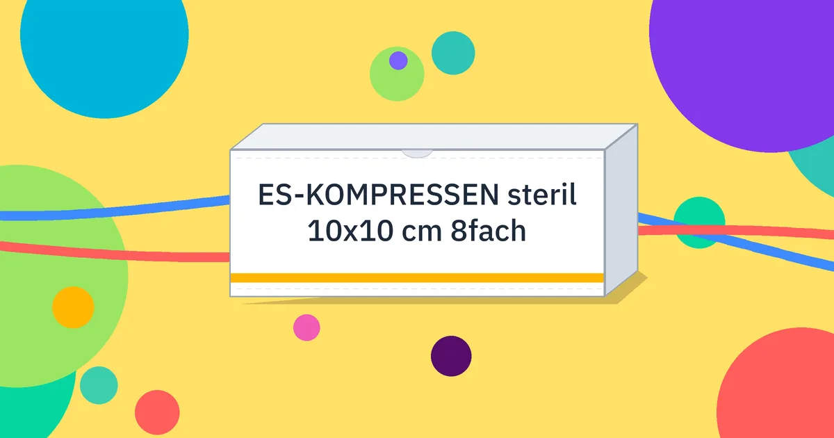 Symbolbild: Packung mit der Aufschrift ES-KOMPRESSEN steril 10x10 cm 8fach (PZN 18715679) – Verfügbarkeit und Bezug in Apotheken in Frankfurt am Main