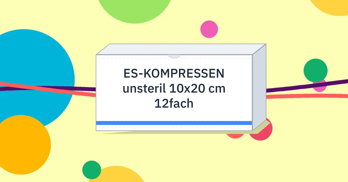 Symbolbild: Packung mit der Aufschrift ES-KOMPRESSEN unsteril 10x20 cm 12fach (PZN 12559592) – Verfügbarkeit und Bezug in Apotheken in Frankfurt am Main