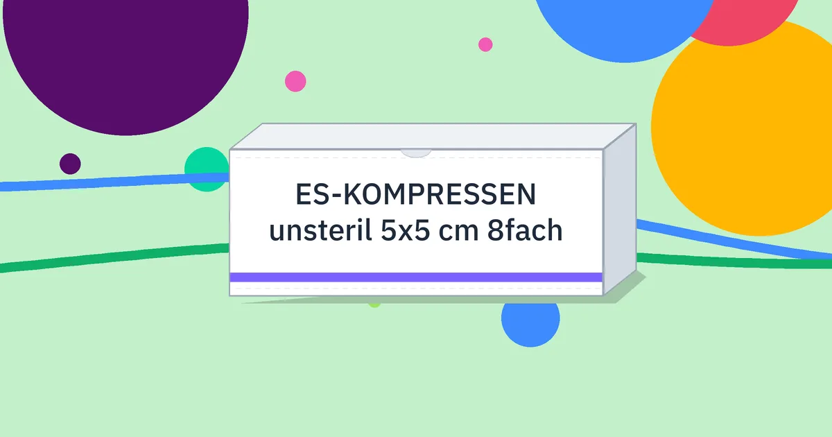 Symbolbild: Packung mit der Aufschrift ES-KOMPRESSEN unsteril 5x5 cm 8fach (PZN 12559600) – Verfügbarkeit und Bezug in Apotheken in Frankfurt am Main