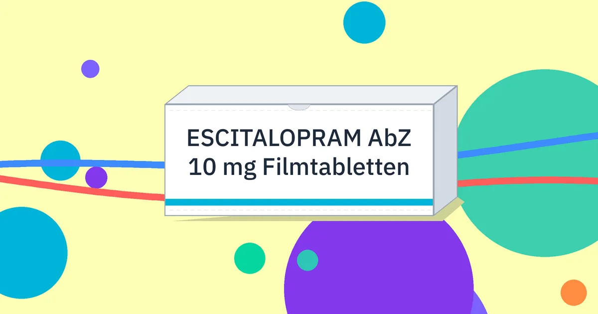 Symbolbild: Packung mit der Aufschrift ESCITALOPRAM AbZ 10 mg Filmtabletten (PZN 10099100) – Verfügbarkeit und Bezug in Apotheken in Frankfurt am Main