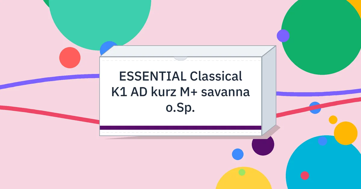 Symbolbild: Packung mit der Aufschrift ESSENTIAL Classical K1 AD kurz M+ savanna o.Sp. (PZN 17003899) – Verfügbarkeit und Bezug in Apotheken in Frankfurt am Main