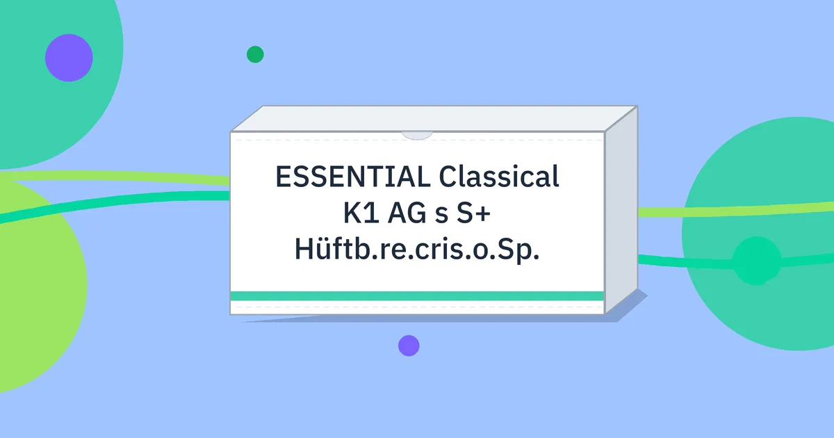 Symbolbild: Packung mit der Aufschrift ESSENTIAL Classical K1 AG s S+ Hüftb.re.cris.o.Sp. (PZN 17012303) – Verfügbarkeit und Bezug in Apotheken in Frankfurt am Main