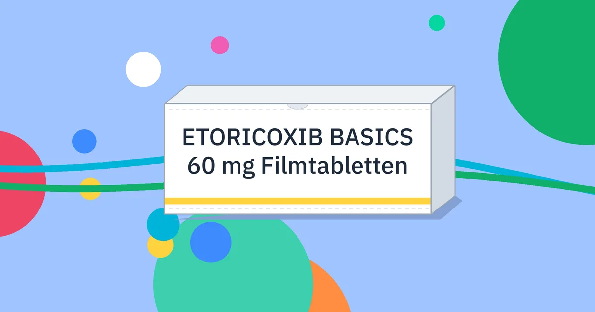 Symbolbild: Packung mit der Aufschrift ETORICOXIB BASICS 60 mg Filmtabletten (PZN 13153231) – Verfügbarkeit und Bezug in Apotheken in Frankfurt am Main
