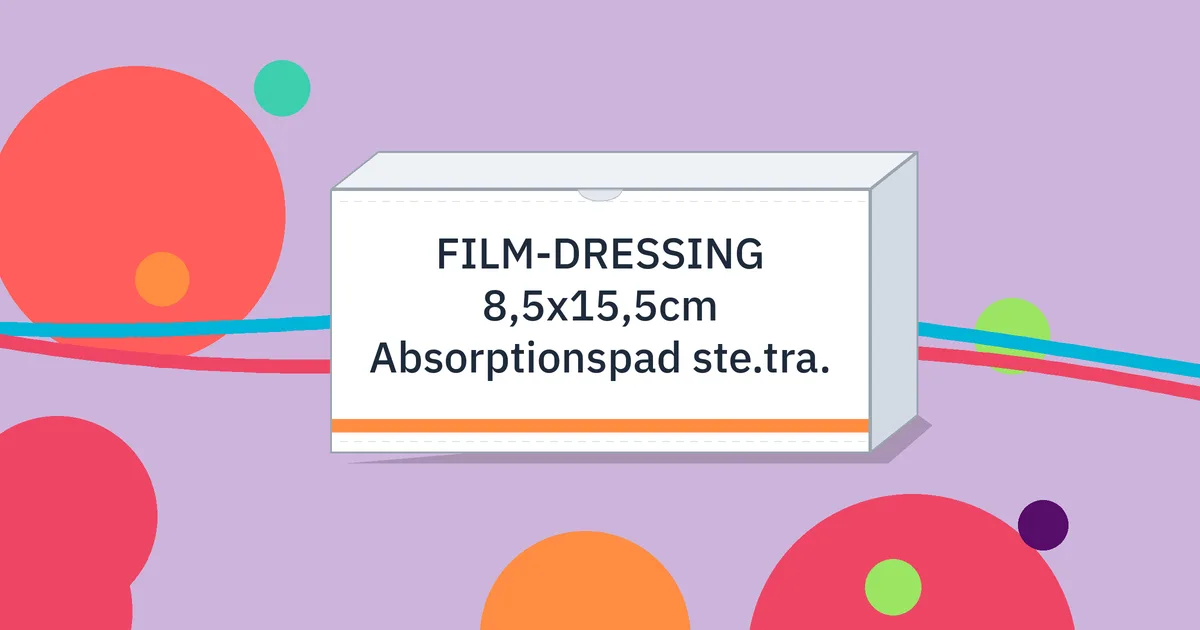 Symbolbild: Packung mit der Aufschrift FILM-DRESSING 8,5x15,5cm Absorptionspad ste.tra. (PZN 19508959) – Verfügbarkeit und Bezug in Apotheken in Frankfurt am Main