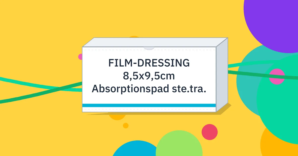 Symbolbild: Packung mit der Aufschrift FILM-DRESSING 8,5x9,5cm Absorptionspad ste.tra. (PZN 19508942) – Verfügbarkeit und Bezug in Apotheken in Frankfurt am Main