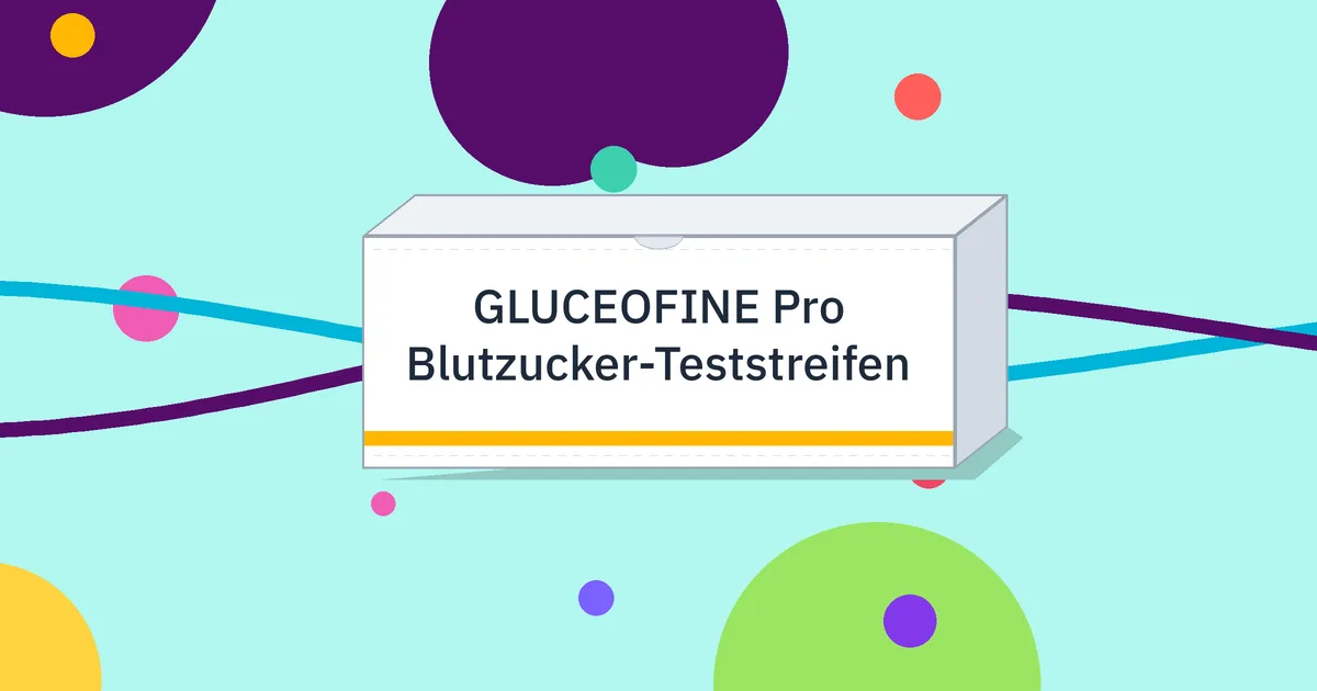 Symbolbild: Packung mit der Aufschrift GLUCEOFINE Pro Blutzucker-Teststreifen (PZN 11537128) – Verfügbarkeit und Bezug in Apotheken in Frankfurt am Main