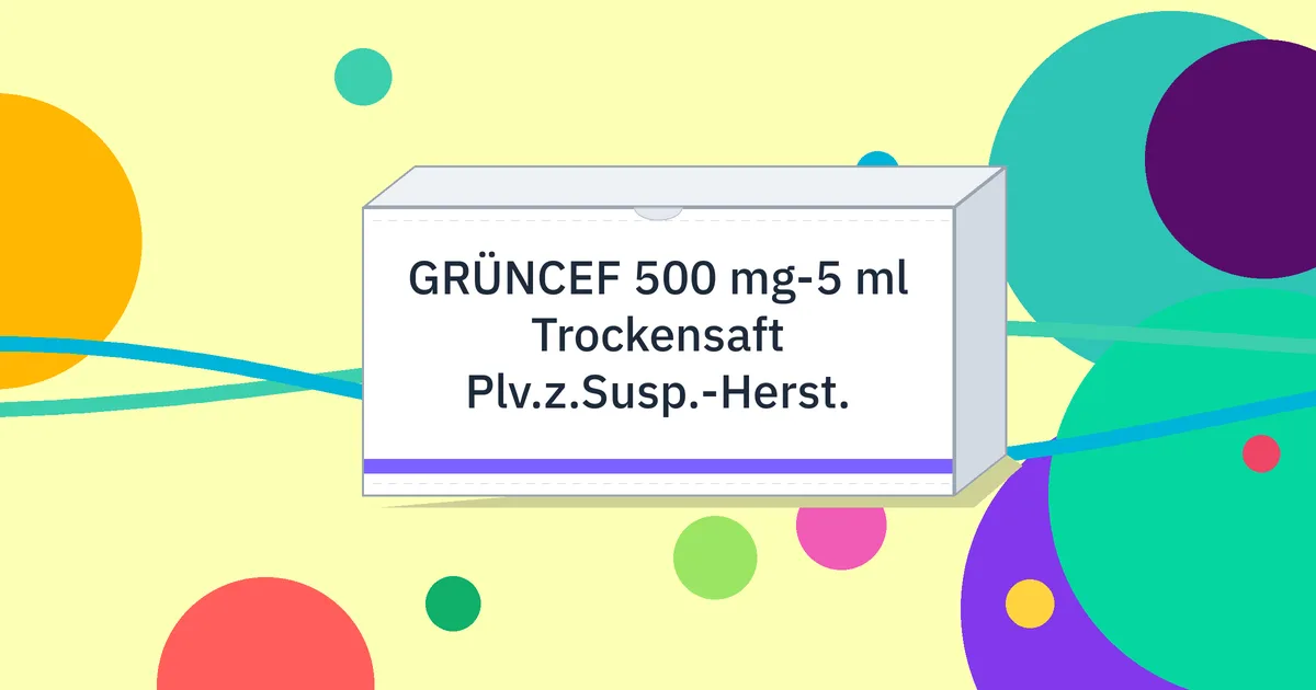 Symbolbild: Packung mit der Aufschrift GRÜNCEF 500 mg-5 ml Trockensaft Plv.z.Susp.-Herst. (PZN 08776088) – Verfügbarkeit und Bezug in Apotheken in Frankfurt am Main