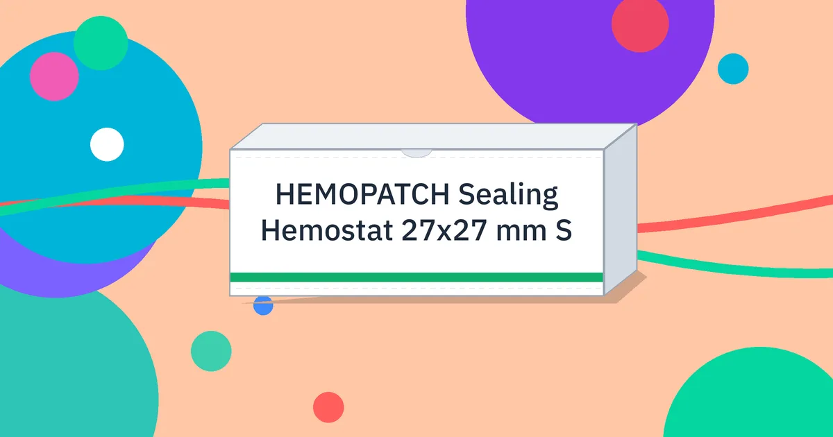 Symbolbild: Packung mit der Aufschrift HEMOPATCH Sealing Hemostat 27x27 mm S (PZN 13919851) – Verfügbarkeit und Bezug in Apotheken in Frankfurt am Main