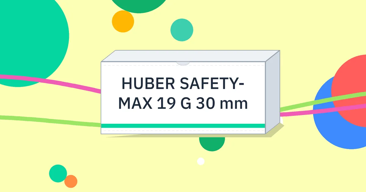 Symbolbild: Packung mit der Aufschrift HUBER SAFETY-MAX 19 G 30 mm (PZN 10185153) – Verfügbarkeit und Bezug in Apotheken in Frankfurt am Main