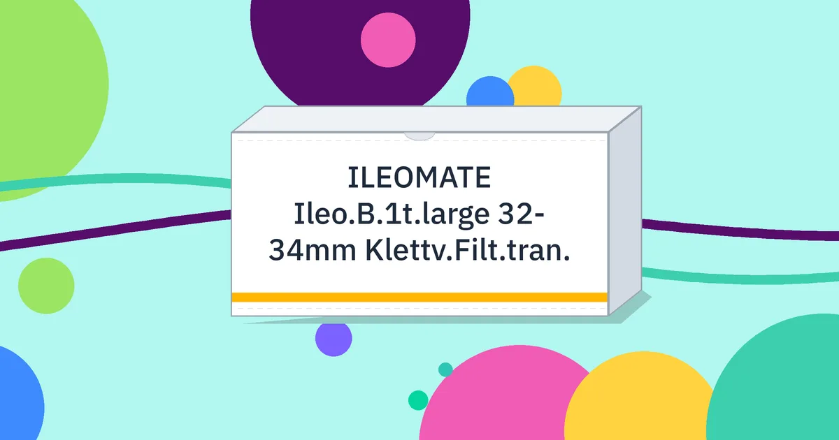 Symbolbild: Packung mit der Aufschrift ILEOMATE Ileo.B.1t.large 32-34mm Klettv.Filt.tran. (PZN 09175534) – Verfügbarkeit und Bezug in Apotheken in Frankfurt am Main