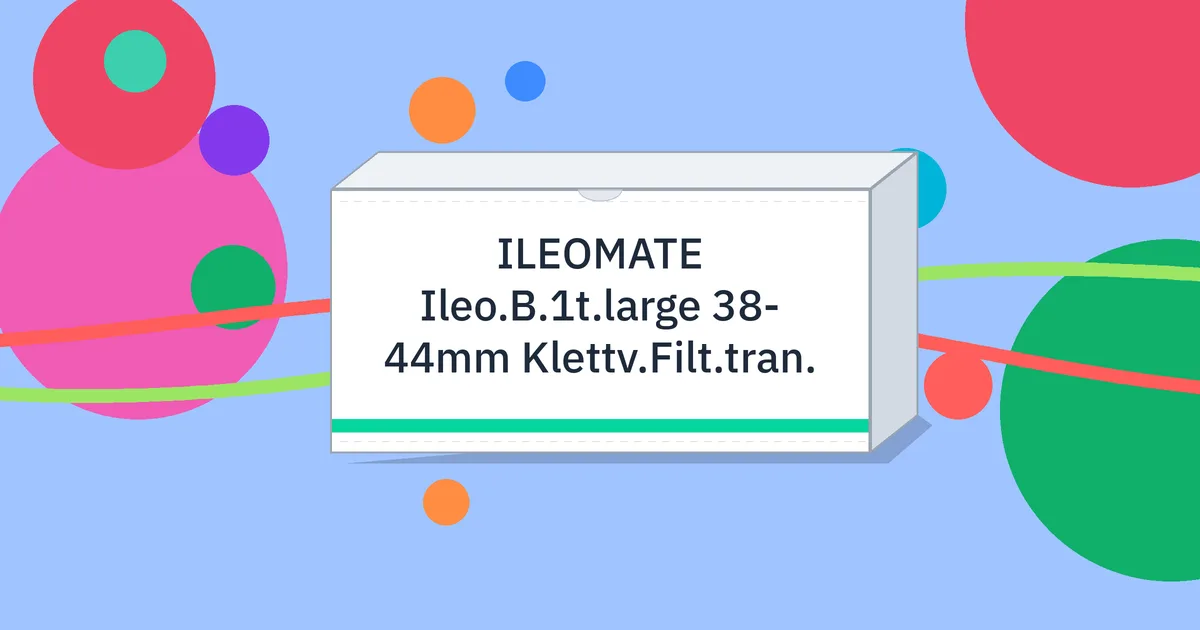Symbolbild: Packung mit der Aufschrift ILEOMATE Ileo.B.1t.large 38-44mm Klettv.Filt.tran. (PZN 09175557) – Verfügbarkeit und Bezug in Apotheken in Frankfurt am Main