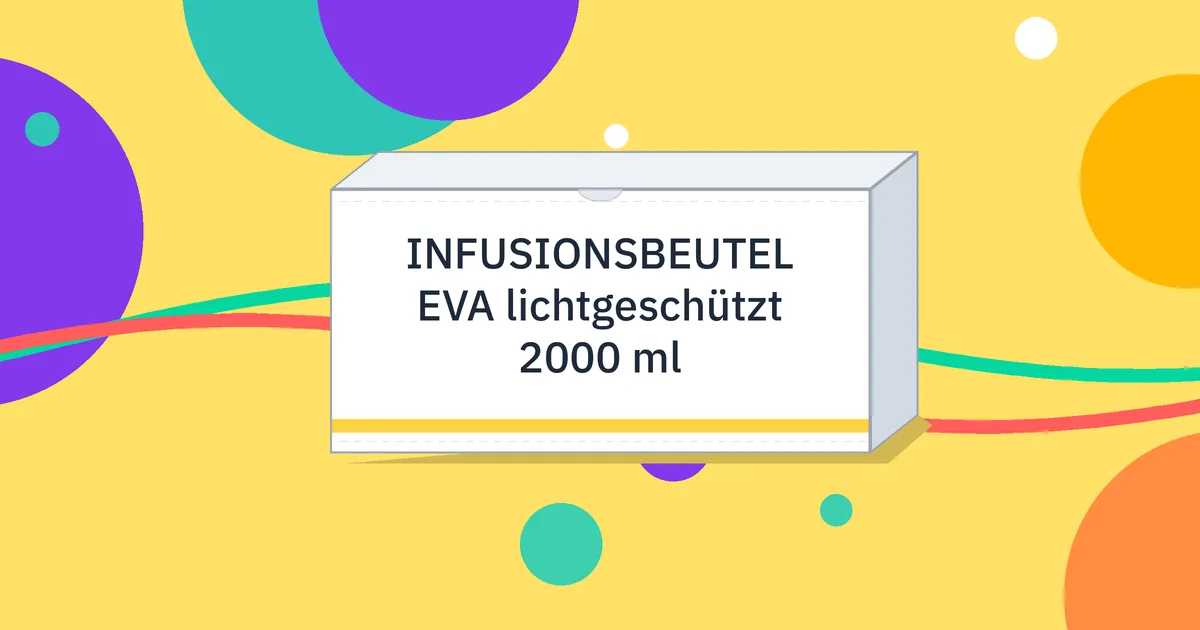 Symbolbild: Packung mit der Aufschrift INFUSIONSBEUTEL EVA lichtgeschützt 2000 ml (PZN 09652023) – Verfügbarkeit und Bezug in Apotheken in Frankfurt am Main