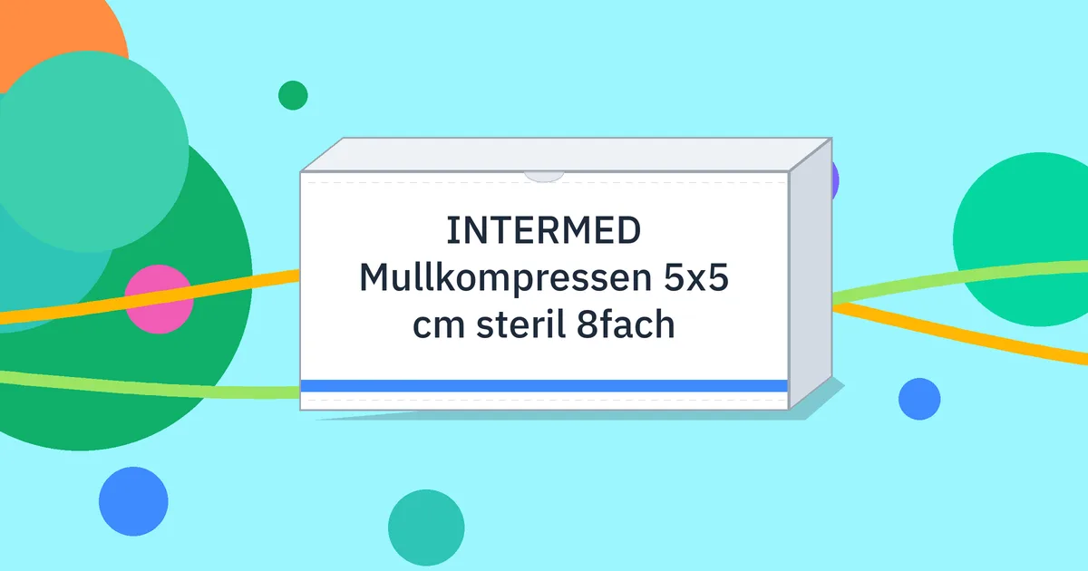 Symbolbild: Packung mit der Aufschrift INTERMED Mullkompressen 5x5 cm steril 8fach (PZN 02720359) – Verfügbarkeit und Bezug in Apotheken in Frankfurt am Main