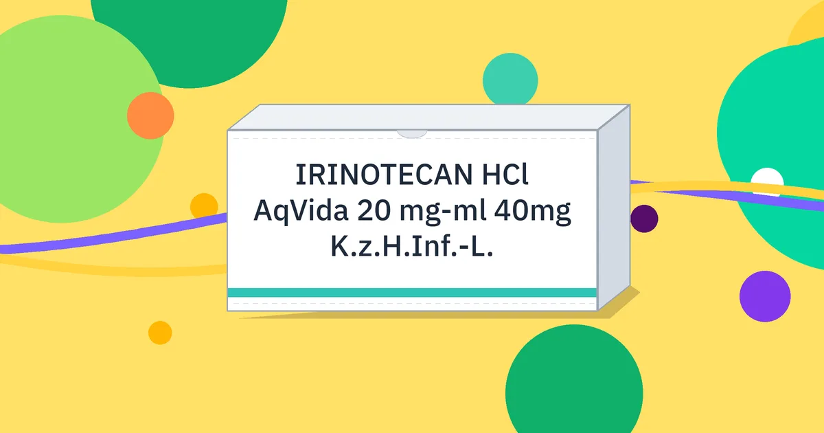 Symbolbild: Packung mit der Aufschrift IRINOTECAN HCl AqVida 20 mg-ml 40mg K.z.H.Inf.-L. (PZN 14279678) – Verfügbarkeit und Bezug in Apotheken in Frankfurt am Main