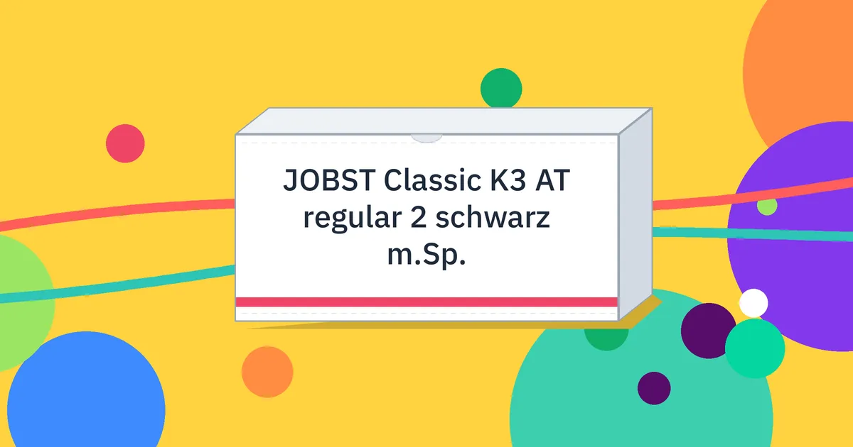 Symbolbild: Packung mit der Aufschrift JOBST Classic K3 AT regular 2 schwarz m.Sp. (PZN 13078110) – Verfügbarkeit und Bezug in Apotheken in Frankfurt am Main