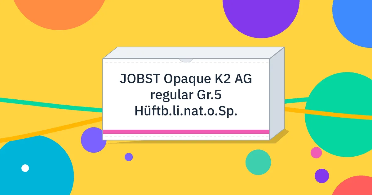 Symbolbild: Packung mit der Aufschrift JOBST Opaque K2 AG regular Gr.5 Hüftb.li.nat.o.Sp. (PZN 13116247) – Verfügbarkeit und Bezug in Apotheken in Frankfurt am Main