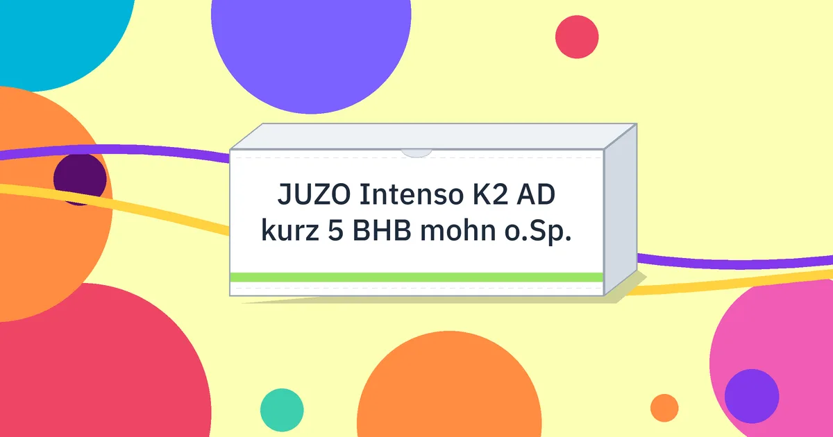 Symbolbild: Packung mit der Aufschrift JUZO Intenso K2 AD kurz 5 BHB mohn o.Sp. (PZN 18625278) – Verfügbarkeit und Bezug in Apotheken in Frankfurt am Main