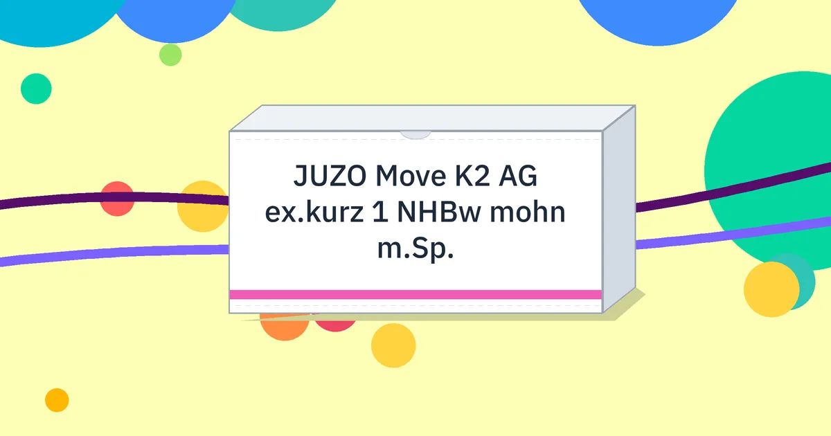 Symbolbild: Packung mit der Aufschrift JUZO Move K2 AG ex.kurz 1 NHBw mohn m.Sp. (PZN 18562603) – Verfügbarkeit und Bezug in Apotheken in Frankfurt am Main