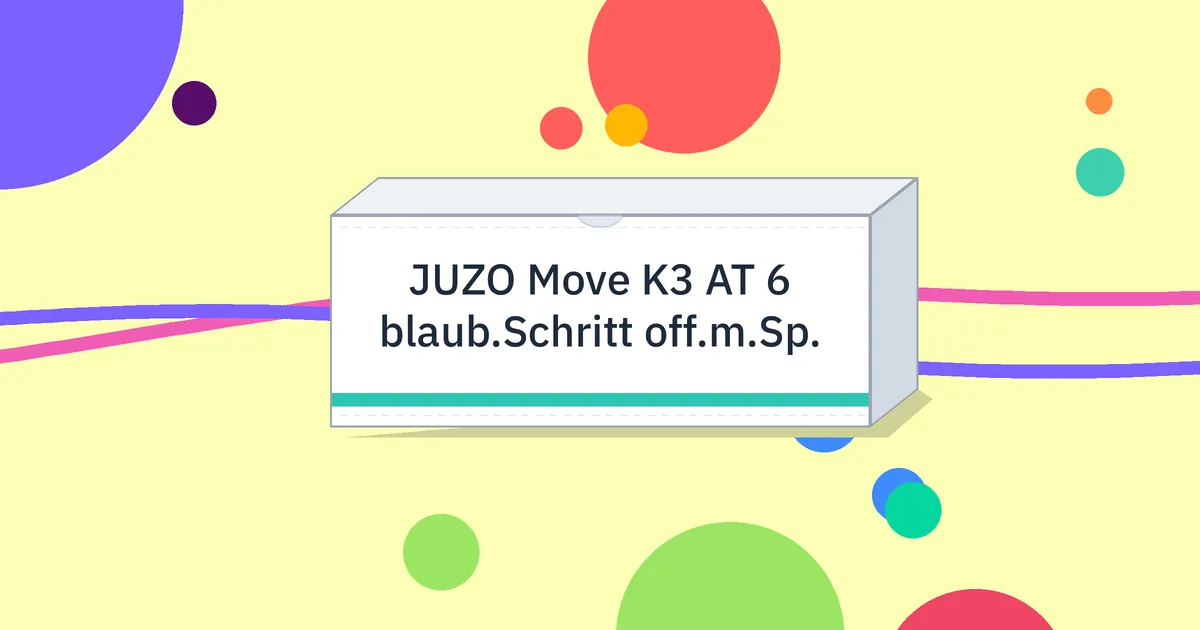 Symbolbild: Packung mit der Aufschrift JUZO Move K3 AT 6 blaub.Schritt off.m.Sp. (PZN 20677555) – Verfügbarkeit und Bezug in Apotheken in Frankfurt am Main