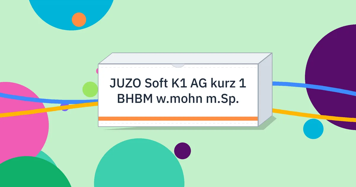 Symbolbild: Packung mit der Aufschrift JUZO Soft K1 AG kurz 1 BHBM w.mohn m.Sp. (PZN 14863779) – Verfügbarkeit und Bezug in Apotheken in Frankfurt am Main