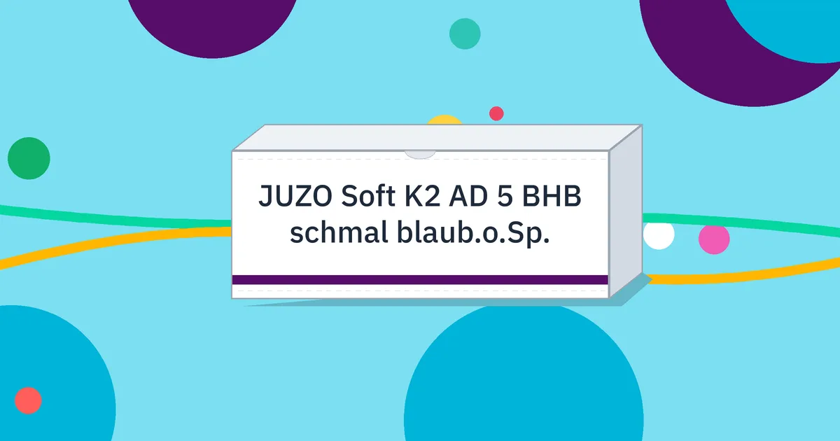 Symbolbild: Packung mit der Aufschrift JUZO Soft K2 AD 5 BHB schmal blaub.o.Sp. (PZN 15467181) – Verfügbarkeit und Bezug in Apotheken in Frankfurt am Main