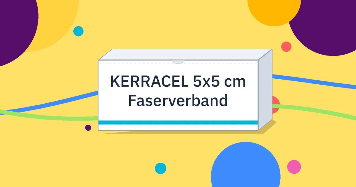 Symbolbild: Packung mit der Aufschrift KERRACEL 5x5 cm Faserverband (PZN 14145305) – Verfügbarkeit und Bezug in Apotheken in Frankfurt am Main
